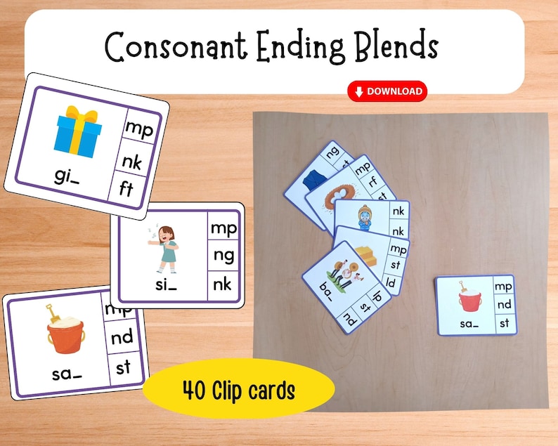 Consonant Ending Blends Clip Cards- Printable for 1st and 2nd Grade ...
