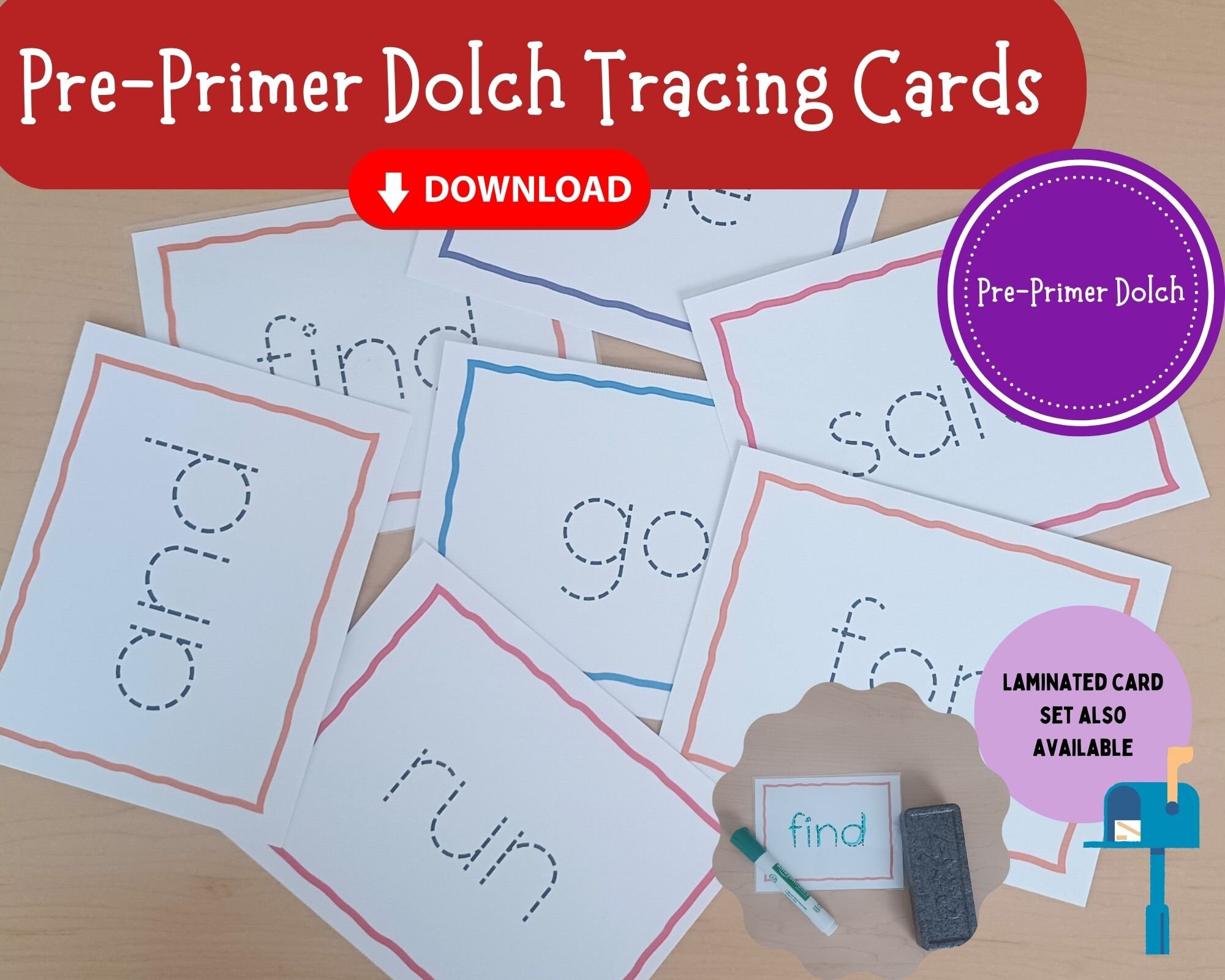 Printable Dolch's Pre-primer Tracing Cards- for Toddler, Preschool, and ...