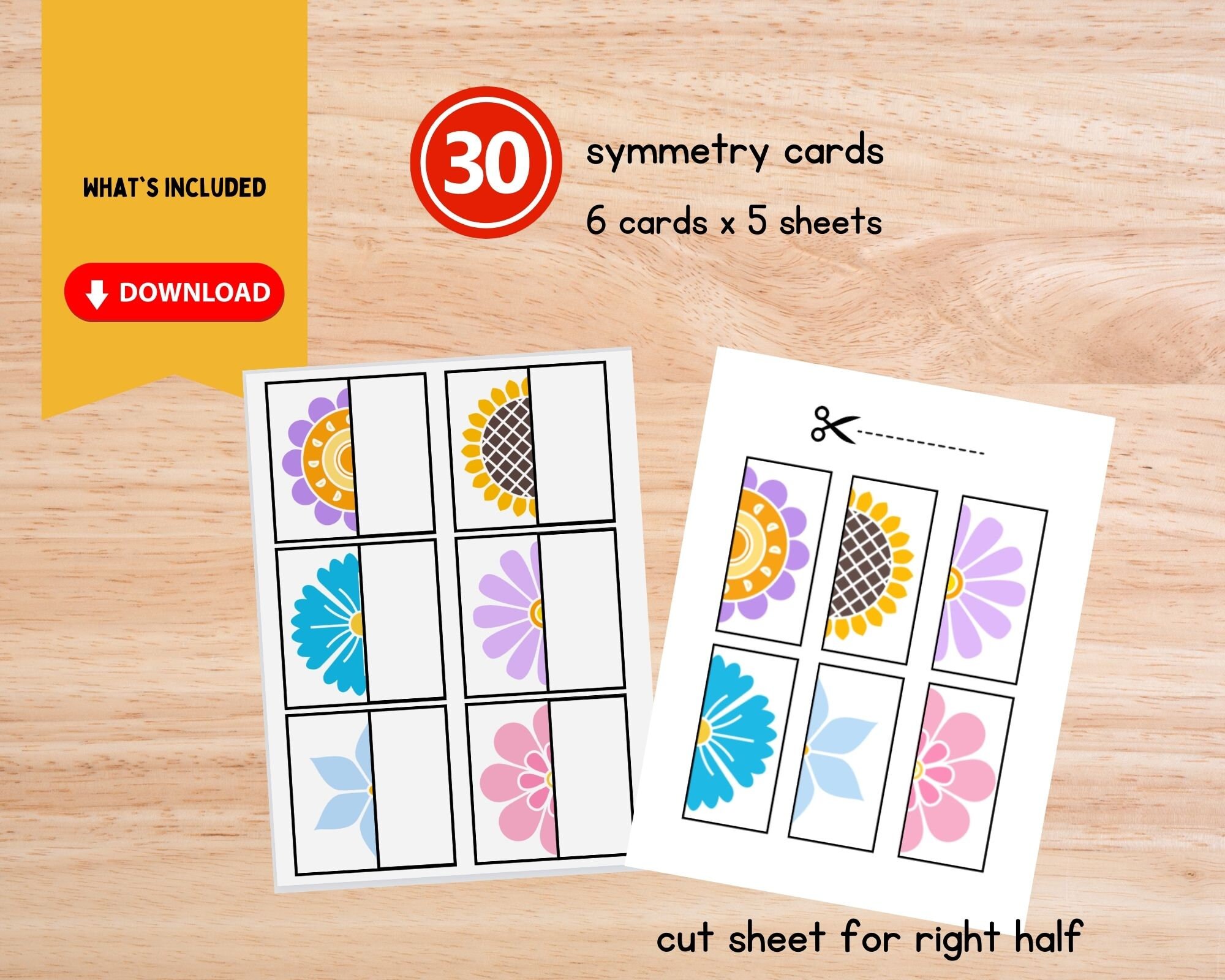 Flower Symmetry Matching Cards- Printable for Toddler, Preschool, and ...