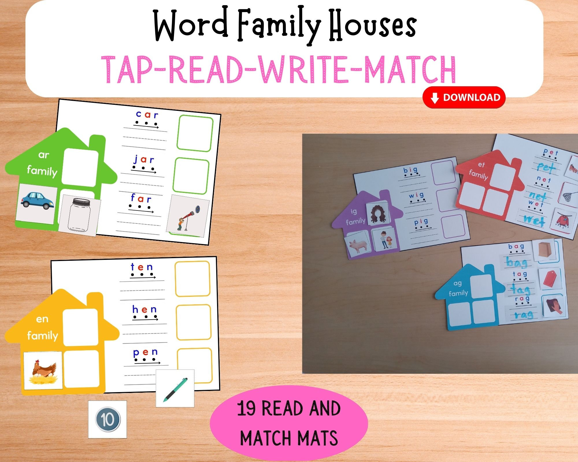 CVC Word Mats Printable- Tap, Blend, Read, Write and Match Activity ...
