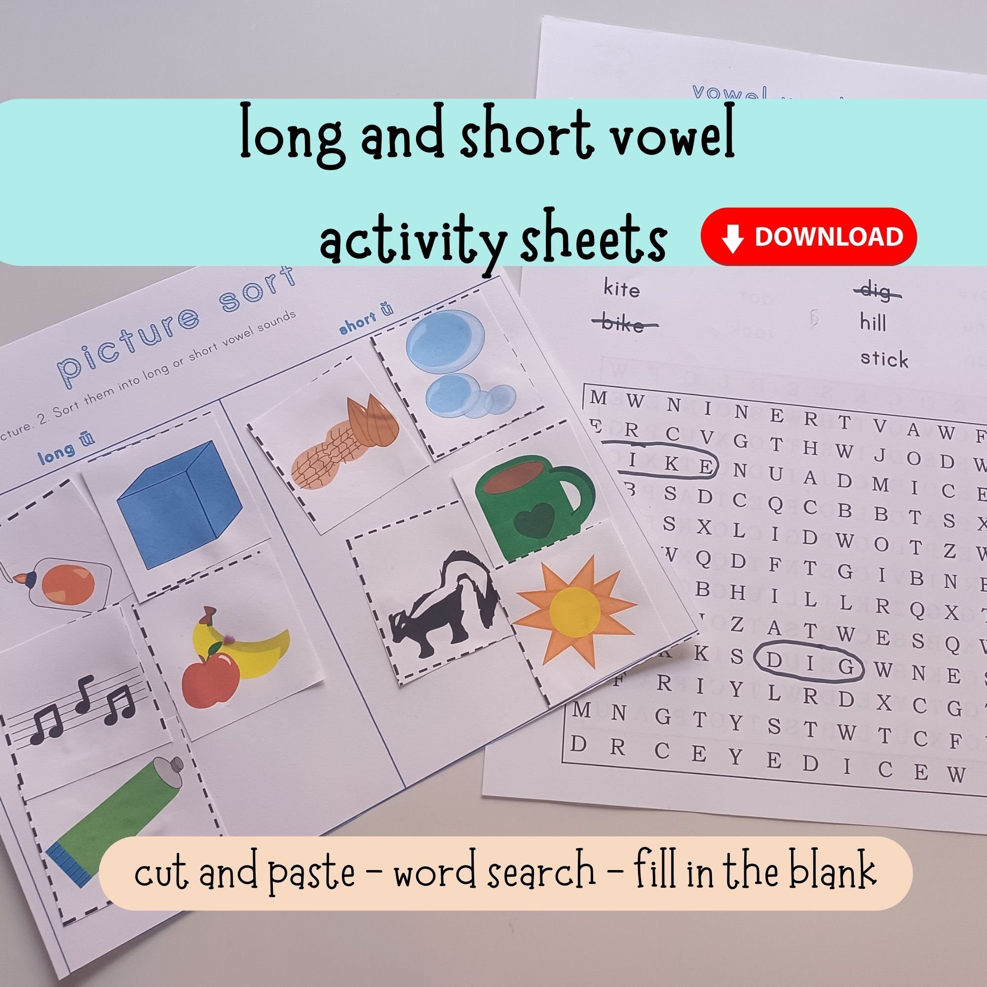 Long and Short Vowel Printable Phonics Activities- for Kindergarten and ...