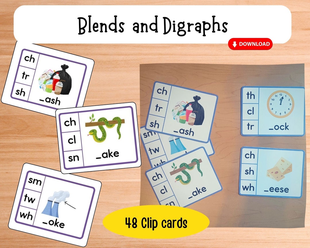 Blends and Digraphs Printable Clip Cards- for Kinder, 1st, and 2nd ...