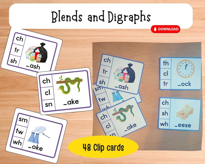 Blends and Digraphs Printable Clip Cards for Kinder, 1st, and 2nd Grade ...