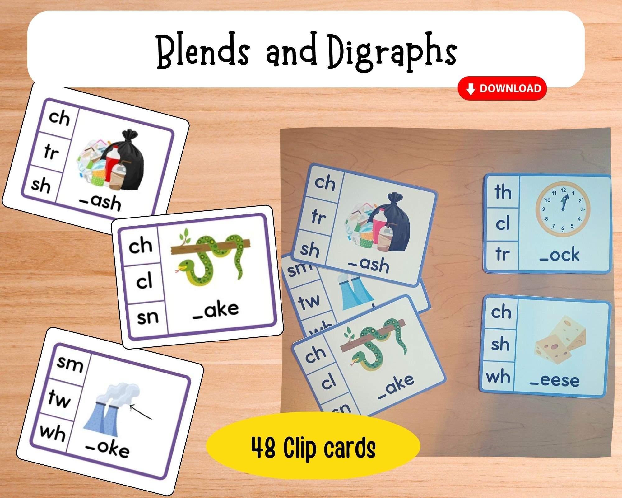 Blends and Digraphs Printable Clip Cards for Kinder, 1st, and 2nd Grade, Homeschool Curriculum ...