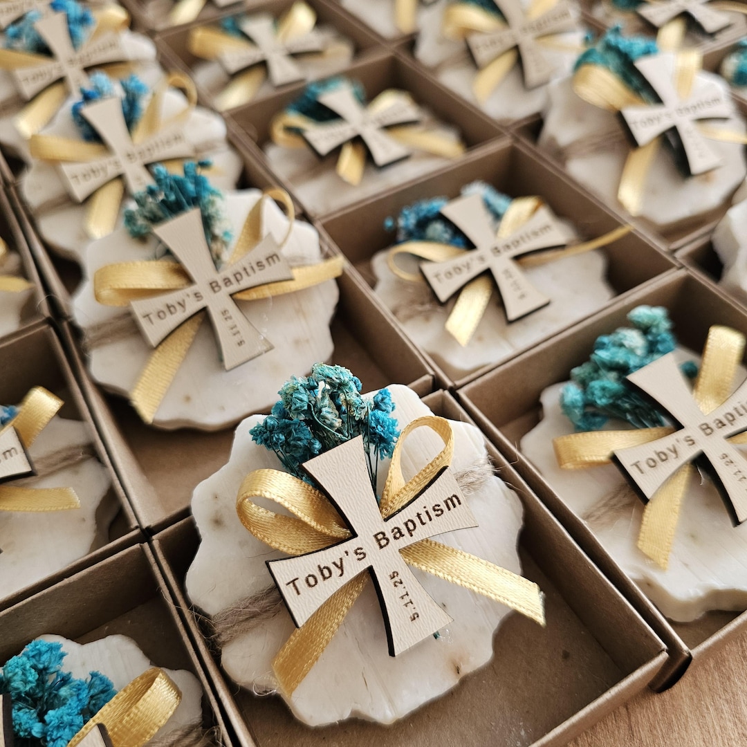 Christian Baptism Guest Favors | Custom Cross Tag & Flowers | Christian ...