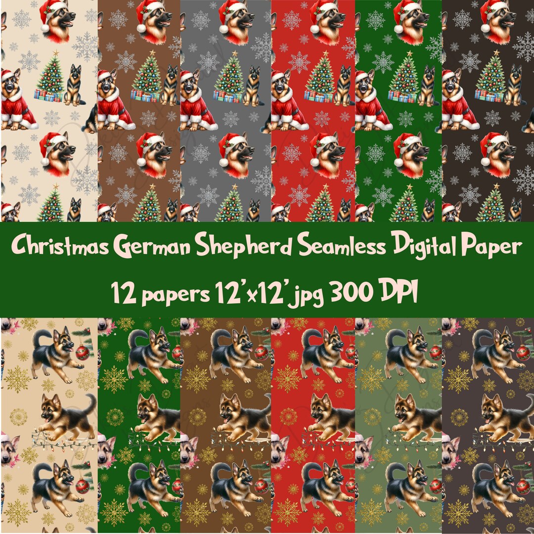 Christmas German Shepherd Seamless Digital Paper Set of 12, Xmas Dogs ...
