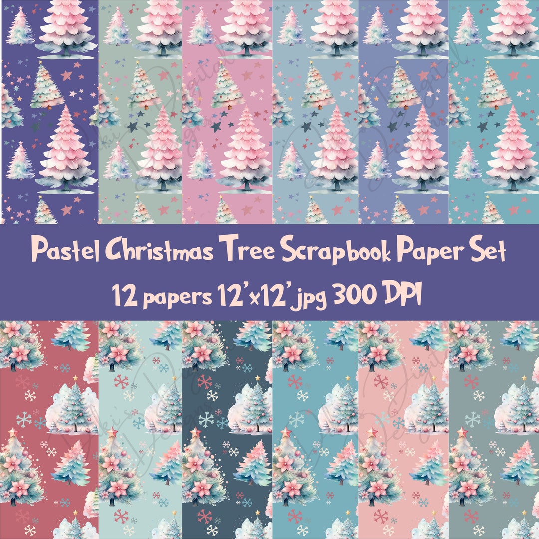 Pastel Christmas Tree Seamless Digital Scrapbook Paper Set of 12, Pink ...