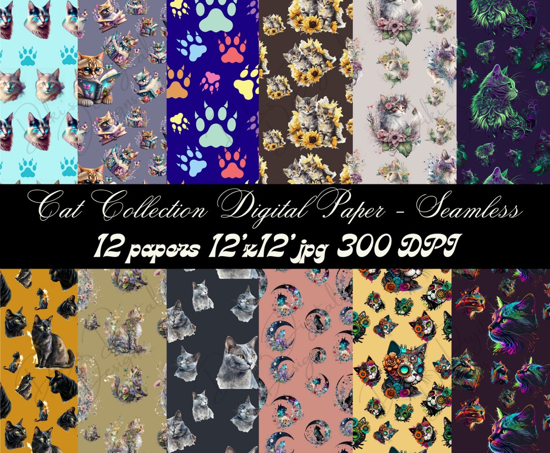 Cat Collection Digital Paper 12-pack, Printable Cat Paper, Cat ...