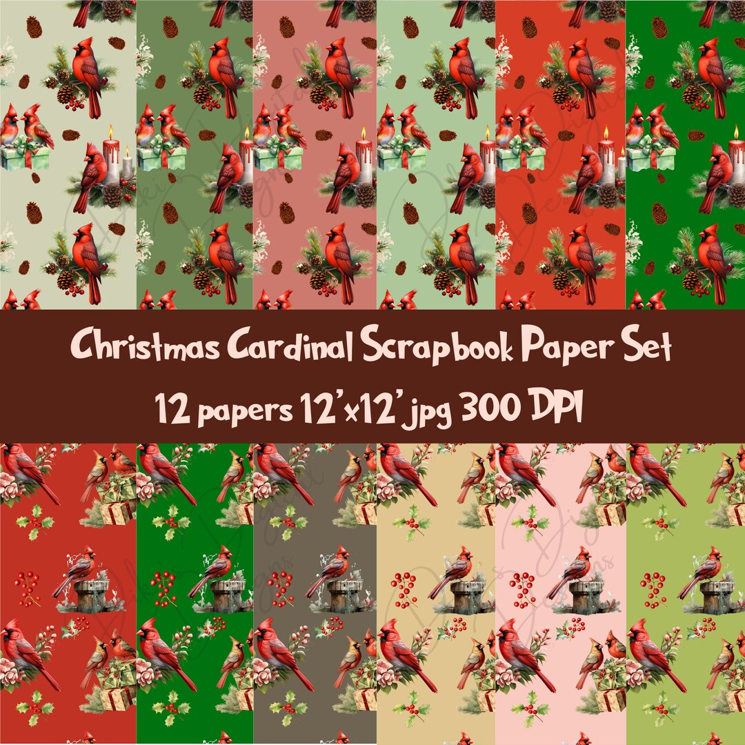 Christmas Cardinal Seamless Scrapbooking Paper Set of 12, Holiday ...