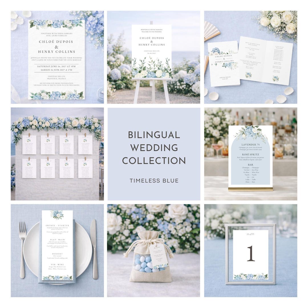 Bilingual Wedding Invitation & Signage Bundle With Dusty Blue and White ...