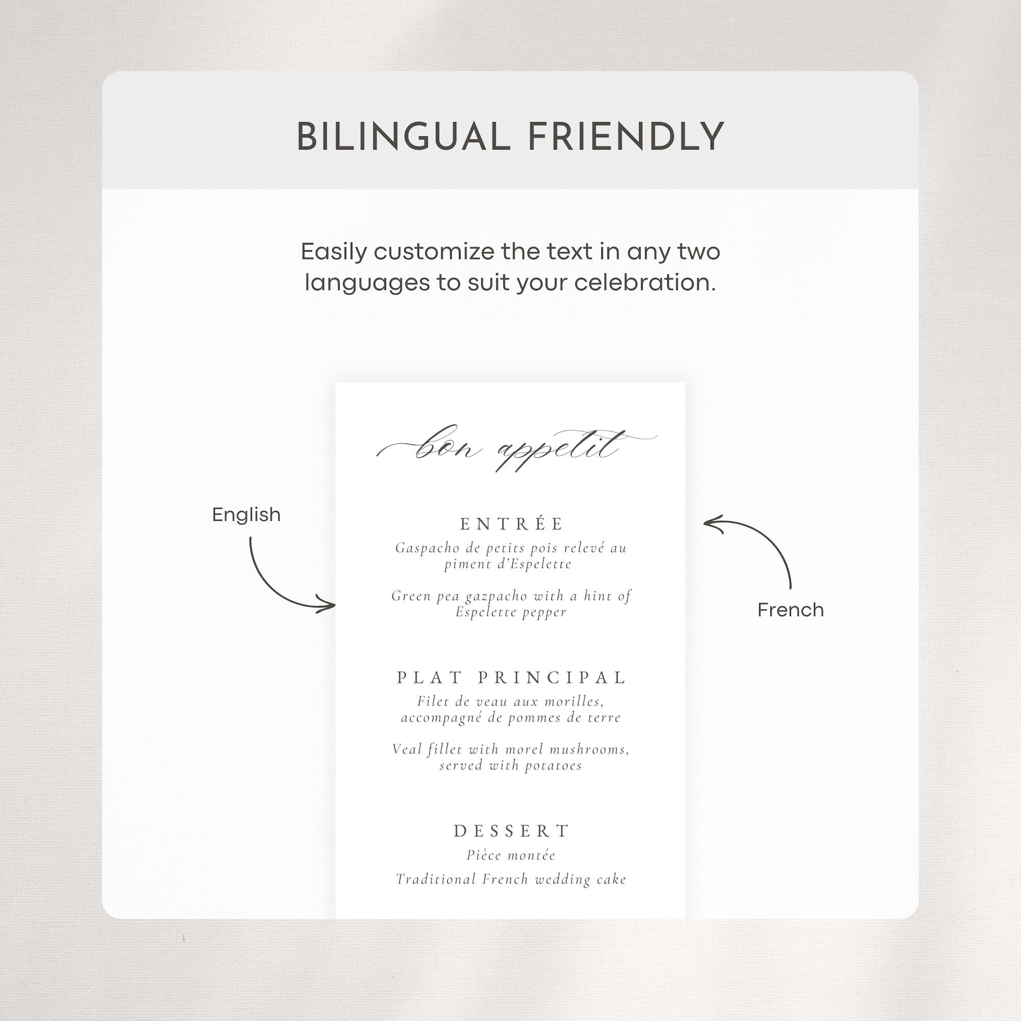 Bilingual Wedding Menu Template With Dusty Blue and White Florals ...