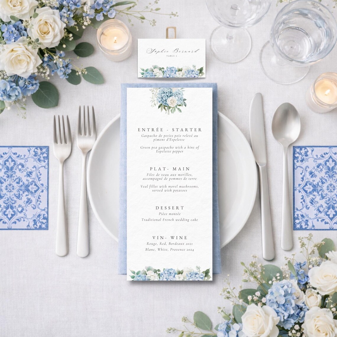 Bilingual Wedding Menu Template With Dusty Blue and White Florals ...