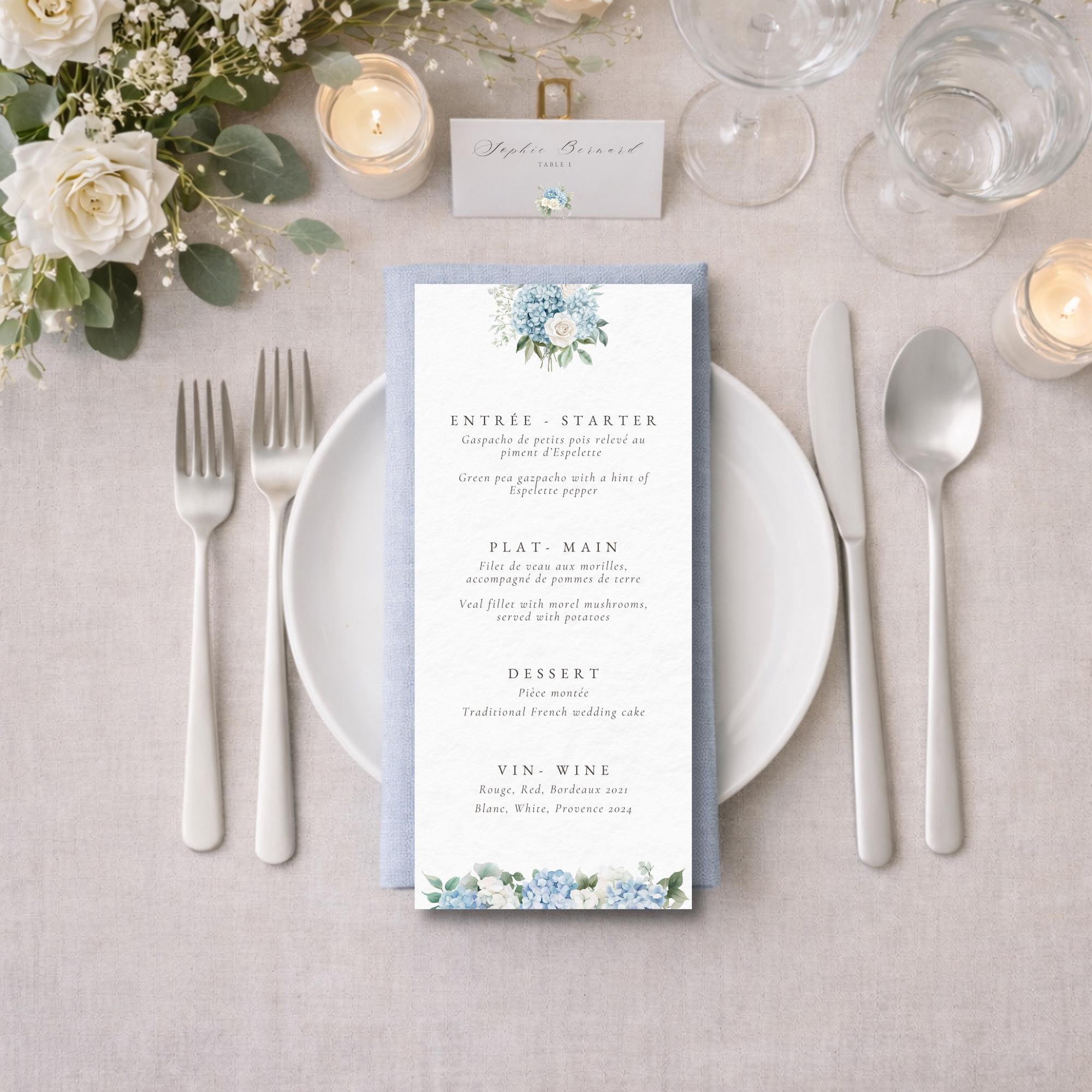 Bilingual Wedding Menu Template With Dusty Blue and White Florals ...