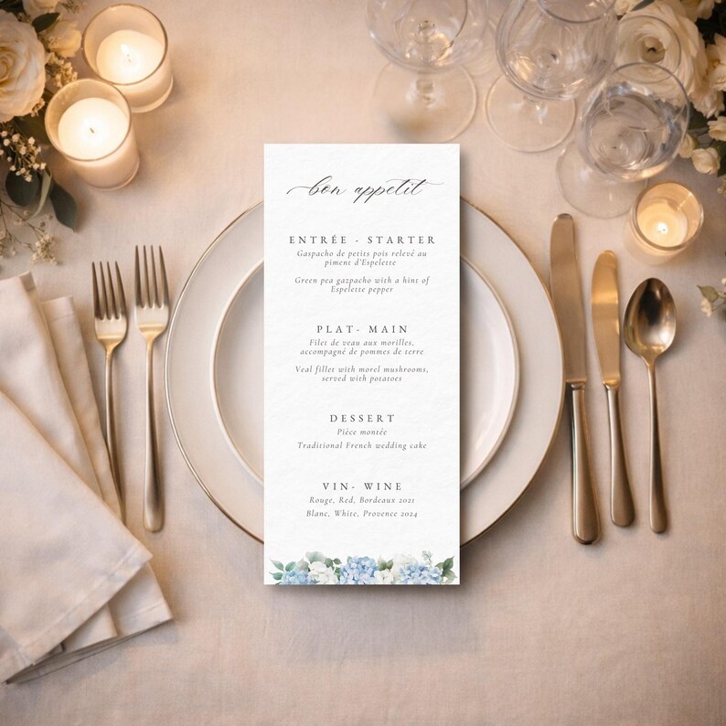 Bilingual Wedding Menu Template With Dusty Blue and White Florals ...