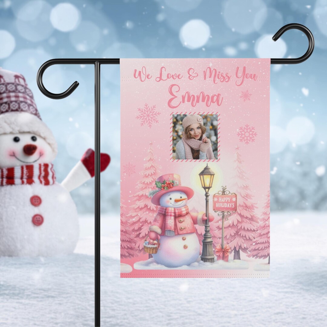 Christmas in Heaven Personalized Memorial Garden Flag, Pink Snowman ...