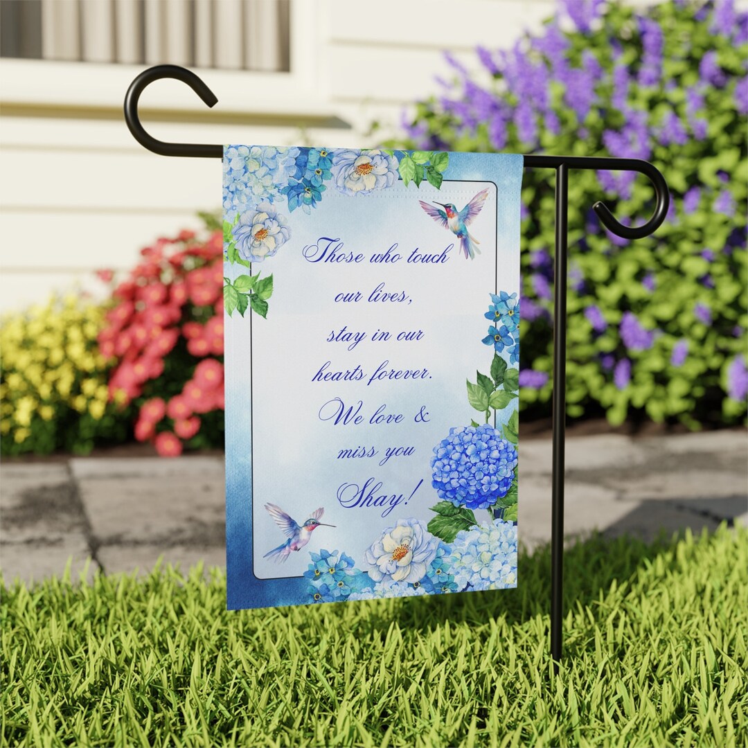 Personalized Memorial Garden Flag, Blue Floral Hummingbird House Banner ...