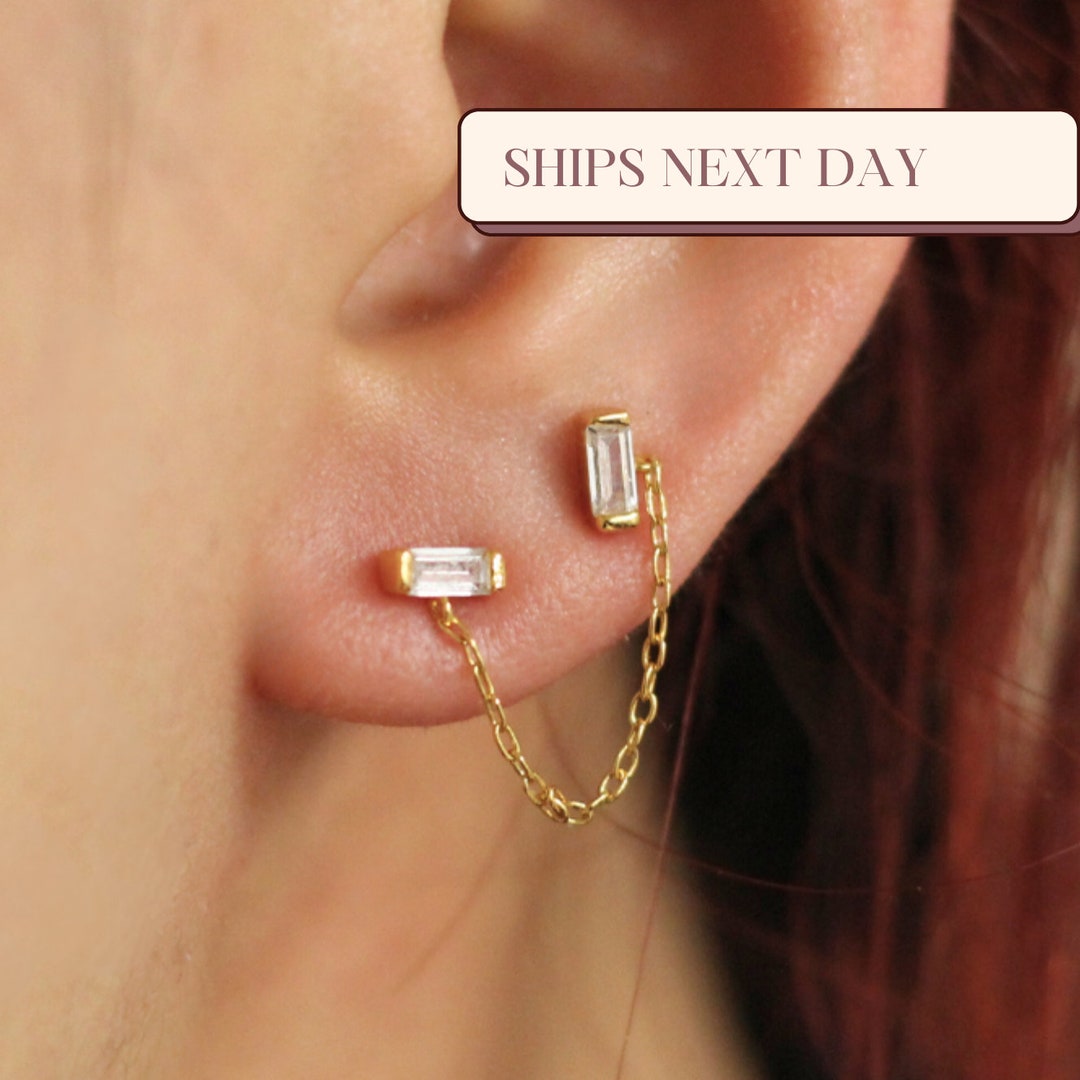 Double Chain Earring, Gold or Silver, Stud Chain Earrings, Gold Chain ...
