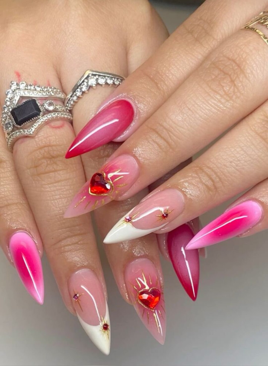 Red Heart Nails, Chrome Nails, Y2K Style Nails, Ombre Nails, Pink Nails ...