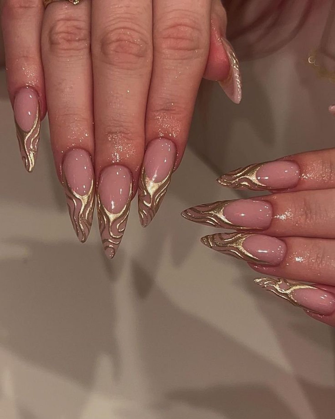 Rose Gold Line Design Nails, Arcylic Nails, Long Nails, Tam Pan Nails ...