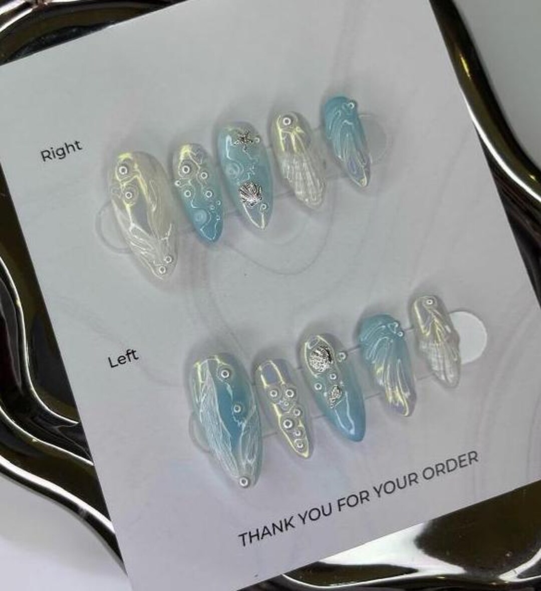 Blue Mermaid Nails, Mirror Nails, Shell Charm Nails, Ombre Nails, 3D ...
