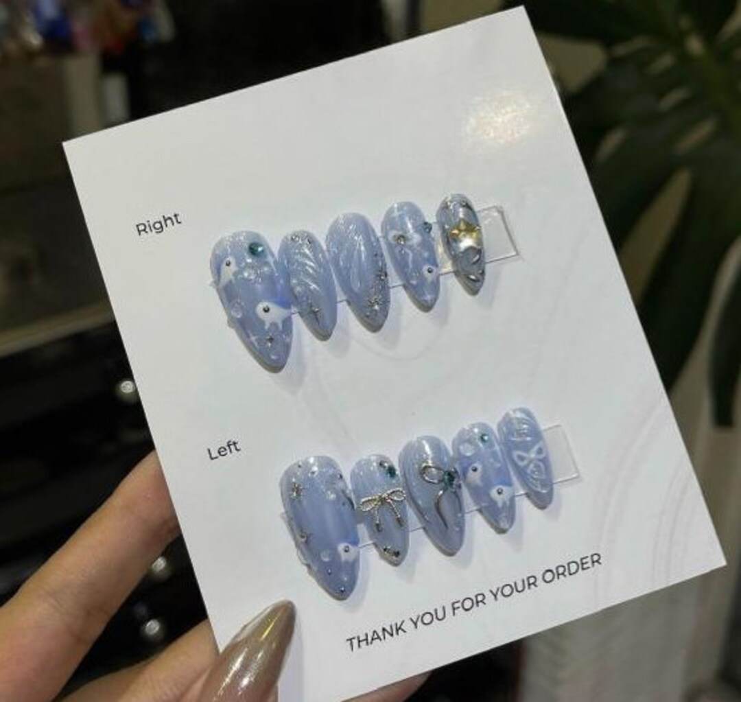 Blue Ribbon Nails, Party Nails, Birthday Nails, Press on Nails, Nail ...