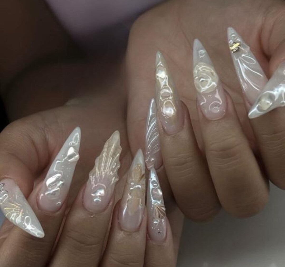 Pearl on Hand Nails, Press on Nails, Summer Nails, Mermaid Nails, Long ...