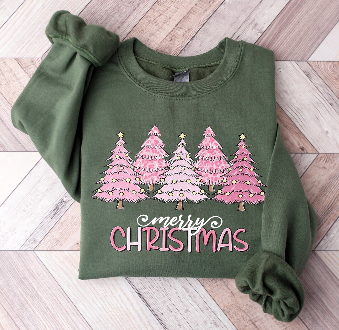 Pink Merry Christmas Trees Sweatshirt, Womens Christmas Sweatshirt ...