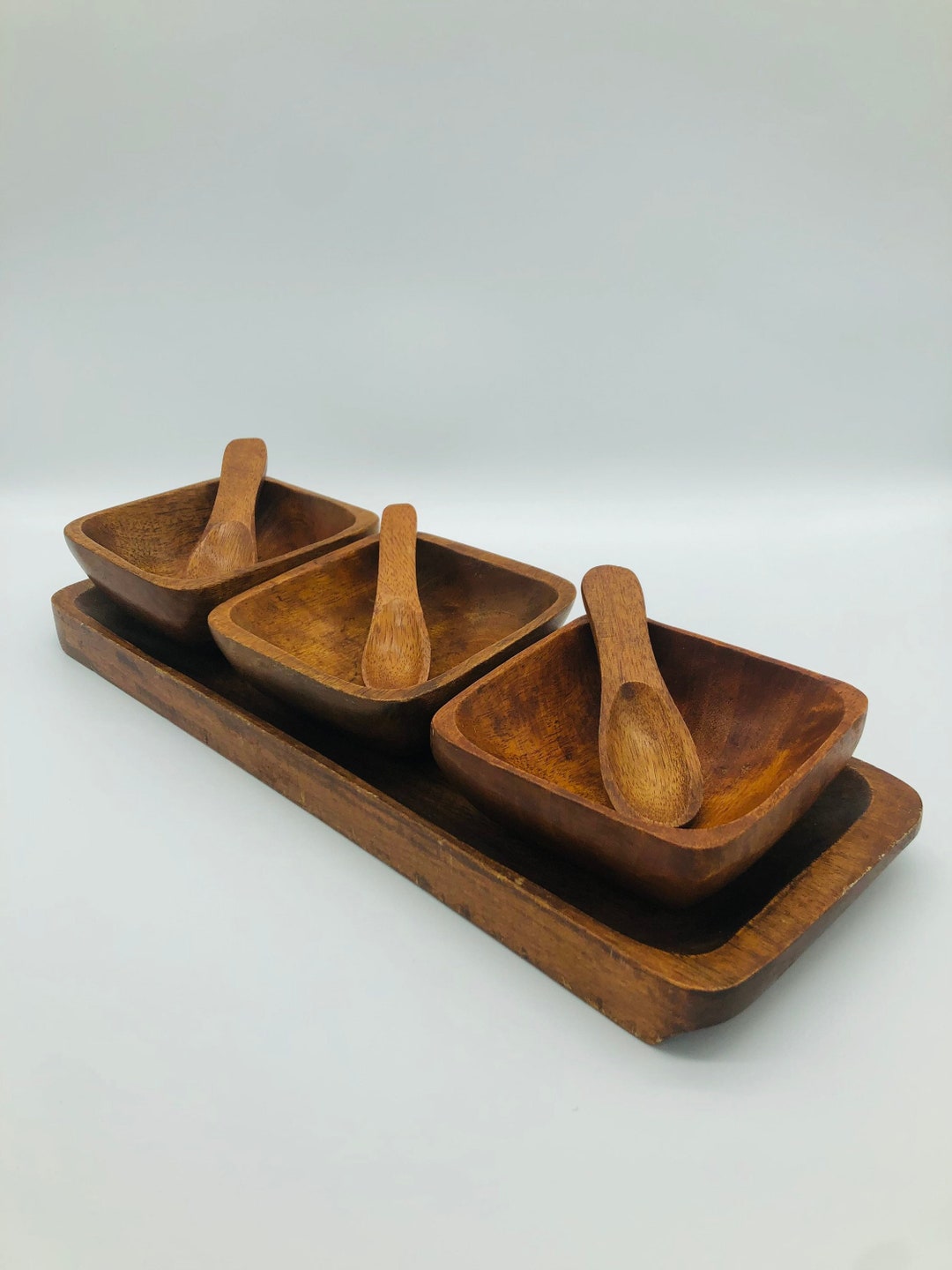 Vintage 1970's Genuine Monkey Pod Wood Condiments Serving Tray and ...