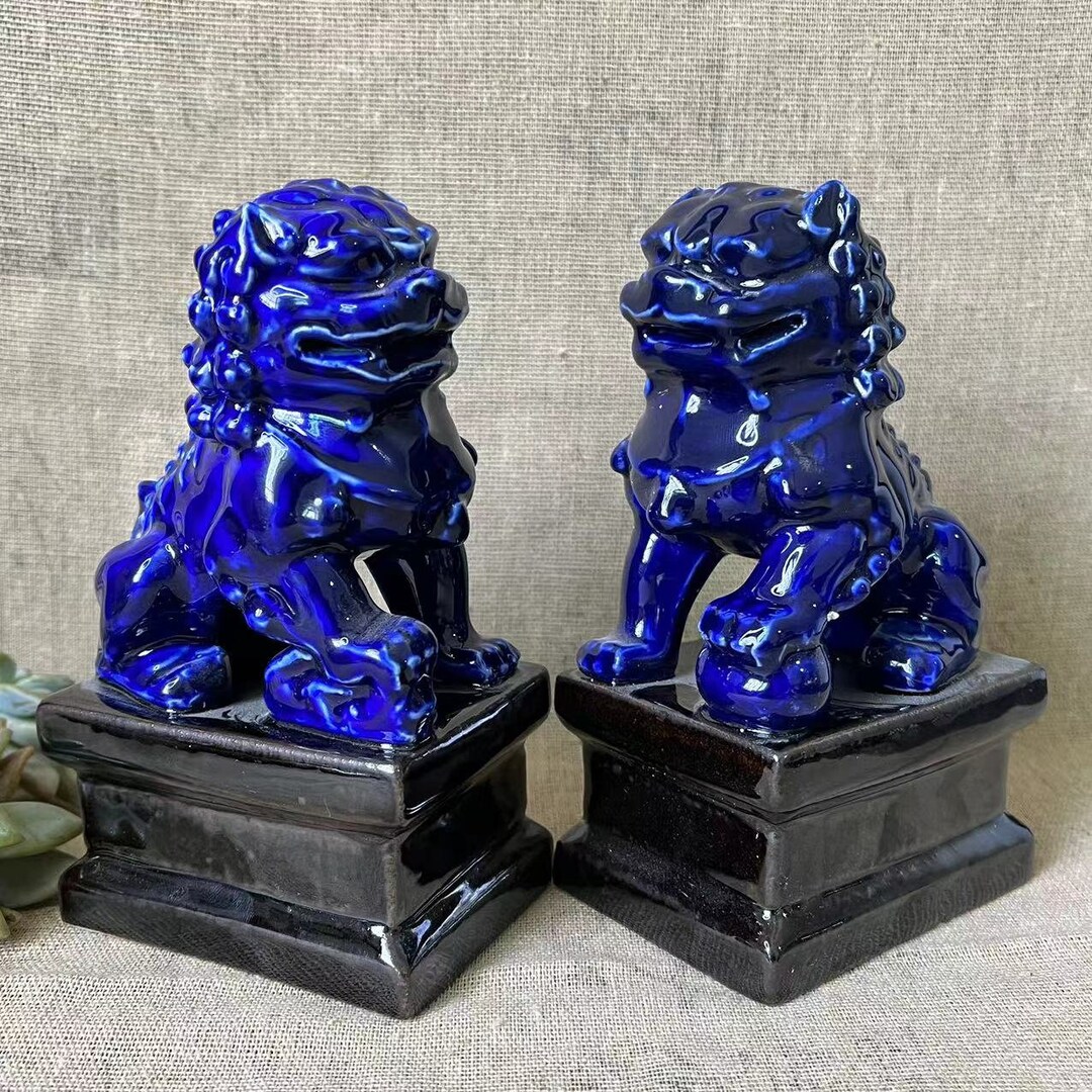 A Pair Fu Foo Dogs Lion Statue Blue Ceramic Yoga Ceremony Big Cat Pet ...