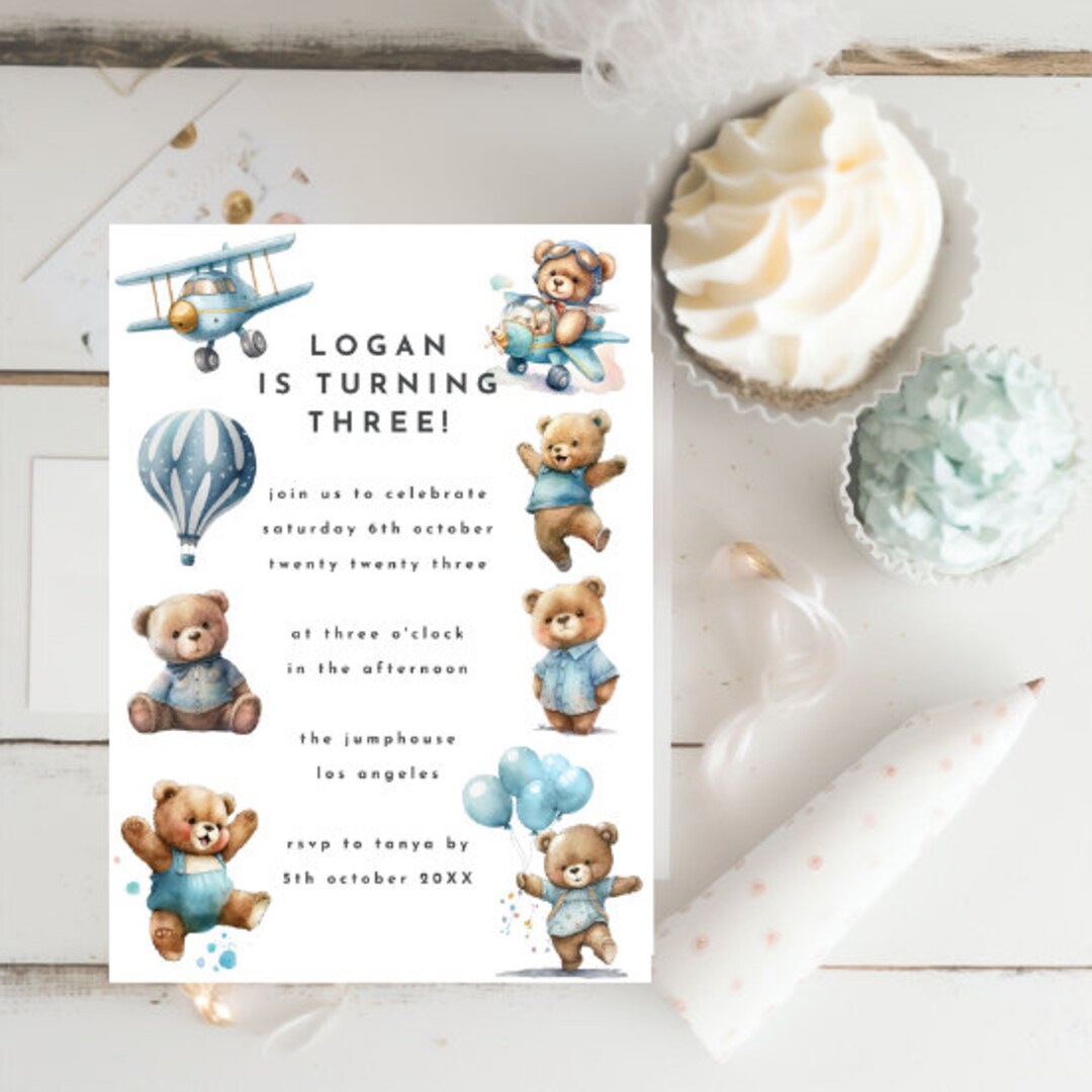 Bear 3rd Birthday Invitation INSTANT DOWNLOAD Birthday Card - Etsy