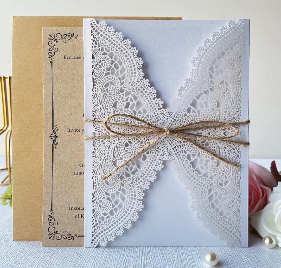 Rustic Laser Cut Vintage Lace Wedding Invitations Kit Blank Kraft ...