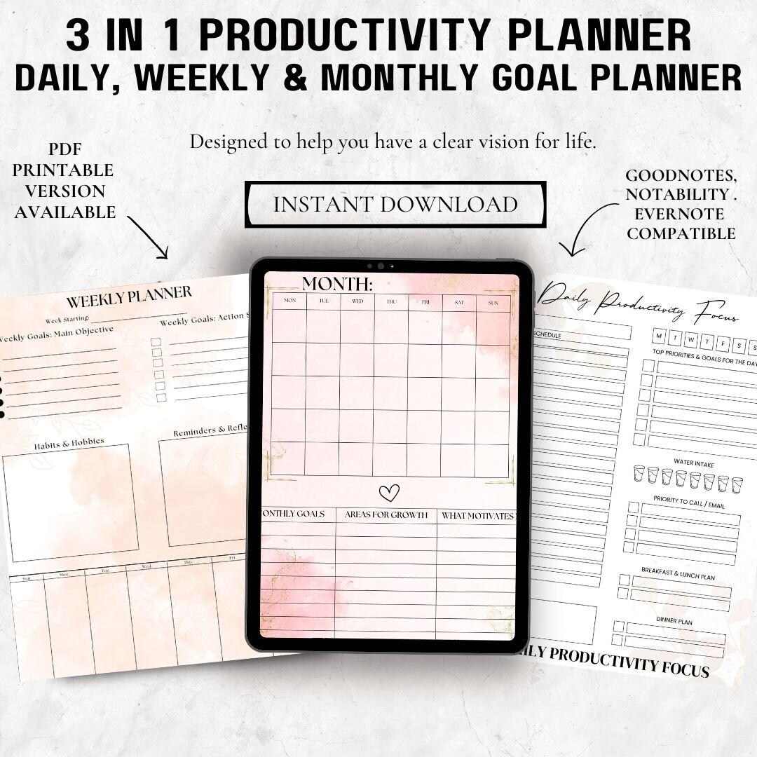 Printable Productivity Planner | Daily, Weekly, Monthly Goal Planner ...