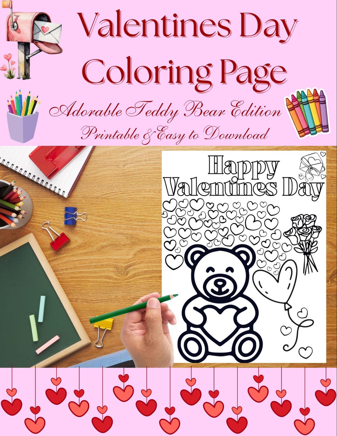 Valentine’s Day Teddy Bear Coloring Page | Cute Printable Valentine ...