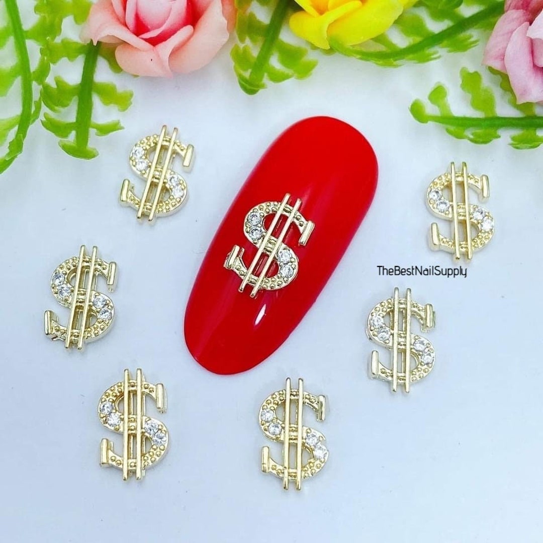Gold CZ Dollar Sign Charms | Set of 2 | Metal | 3D Nail Art | Gold | 3D ...