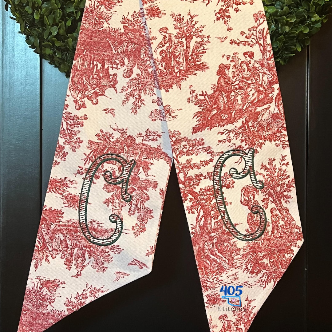Classic French Toile Wreath Sash, Classic Monogrammed Red Toile Sash ...