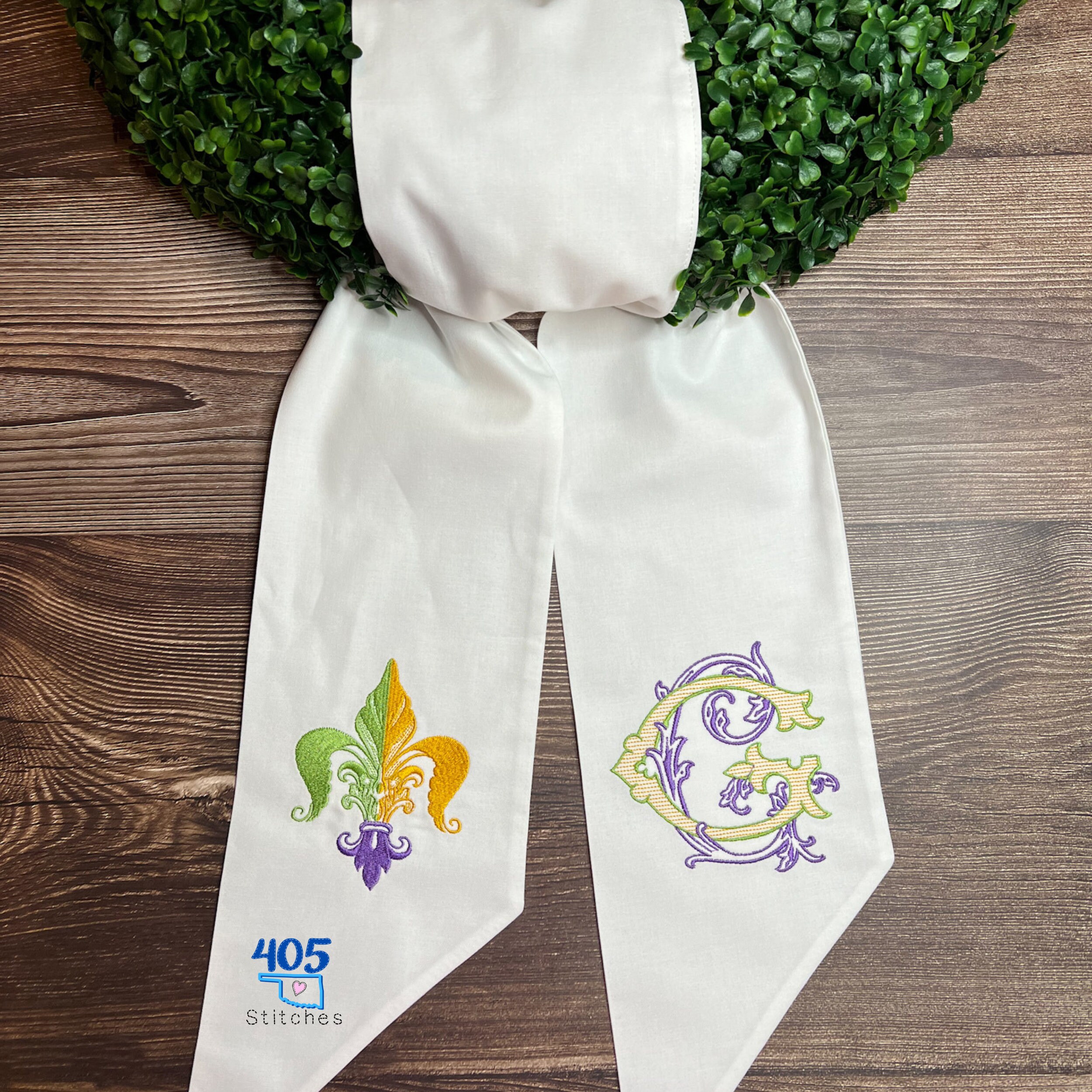 Mardi Gras Wreath Sash, Fleur De Lis Sash, Embroidered Boxwood ...