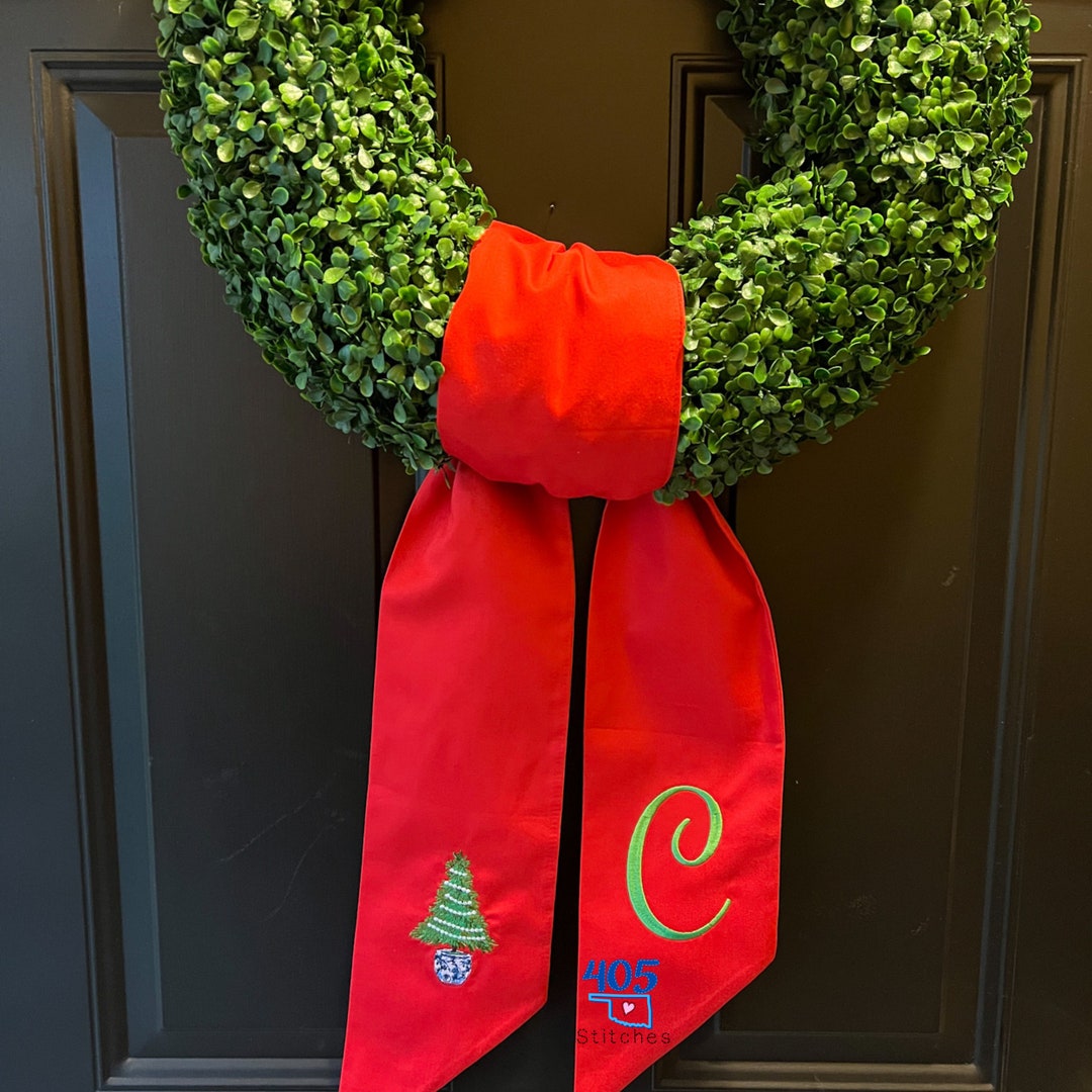 Red Embroidered Wreath Sash Christmas Tree Sash Boxwood - Etsy