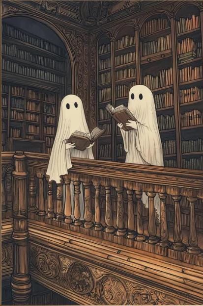 Two Cute Ghosts in a Library Print, Romantic Dark Academia, Moody ...