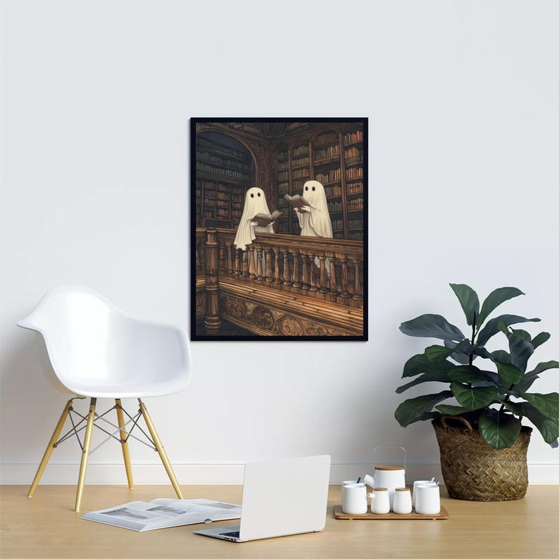 Two Cute Ghosts in a Library Print, Romantic Dark Academia, Moody ...