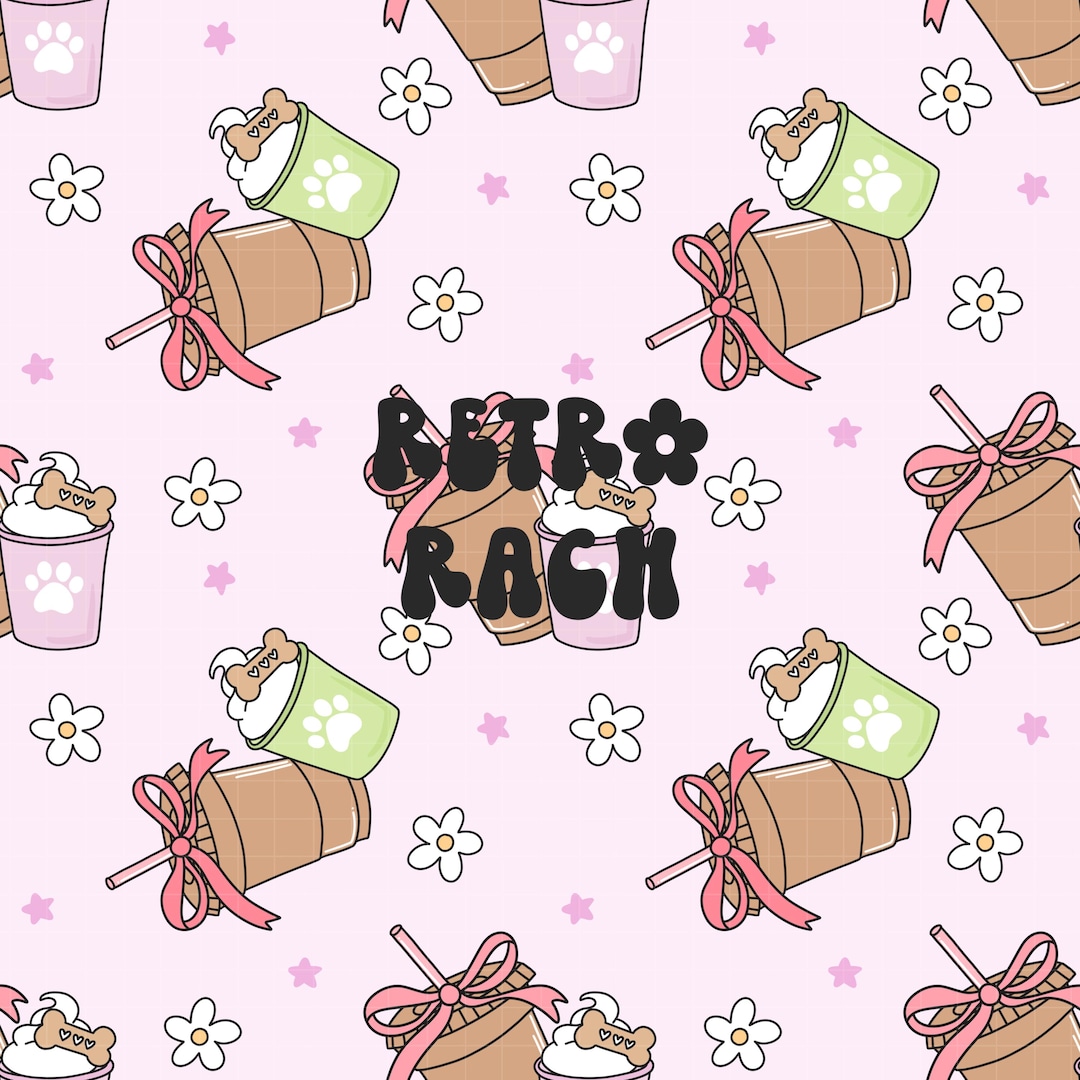 Iced Coffee and Puppy Cups Seamless Pattern - Retro Dog Theme Fabric ...