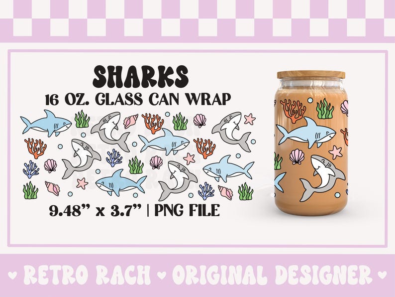 Summer Sharks Cup Wrap - Retro 16 OZ Glass Can Wrap - Coquette ...