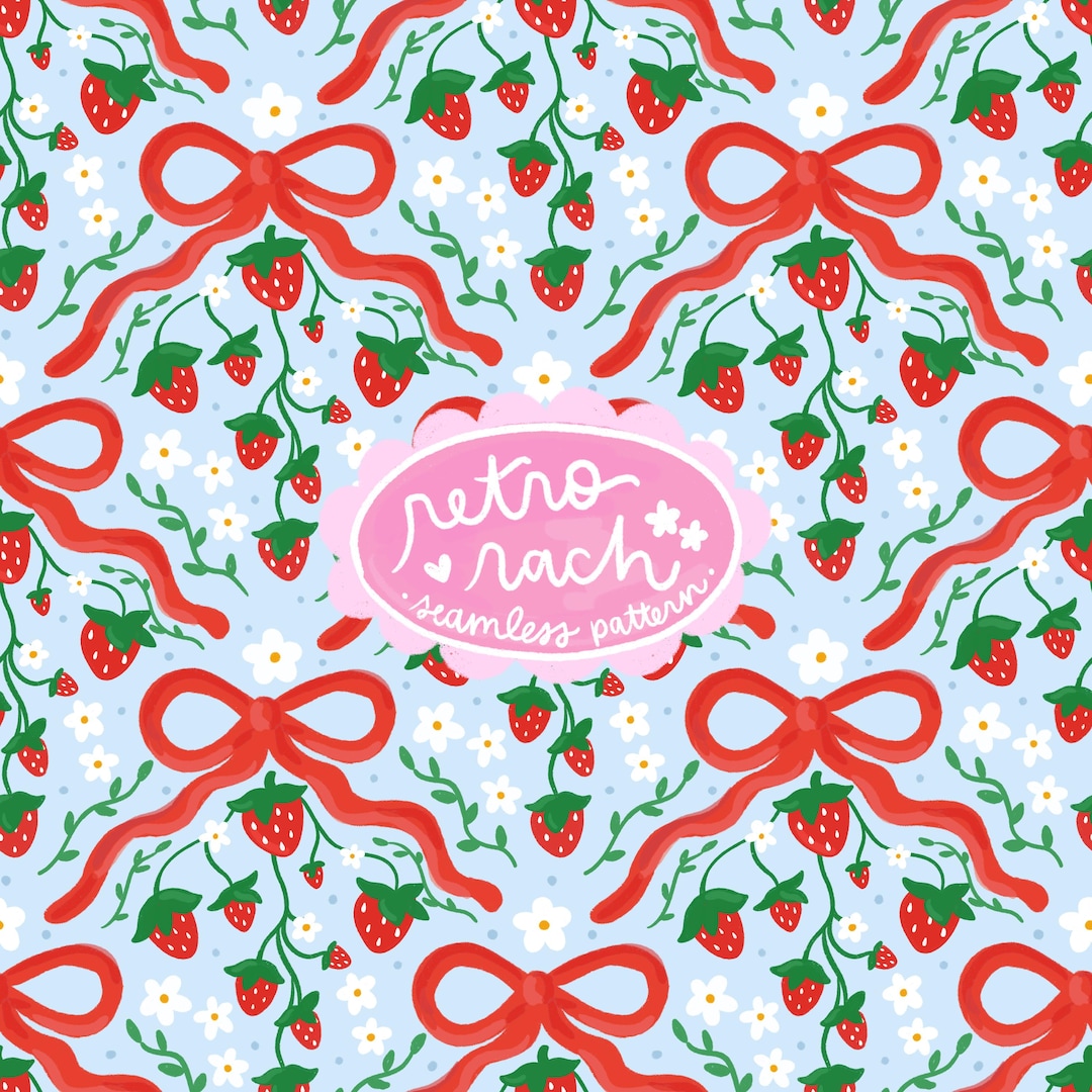 Summer Strawberries & Bows Seamless Pattern - Retro Summer Fabric ...