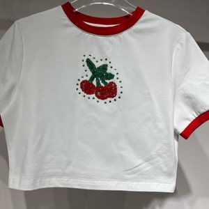 Rhinestone Cherry Harry Inspired Ringer Crop Top Paris Love on - Etsy
