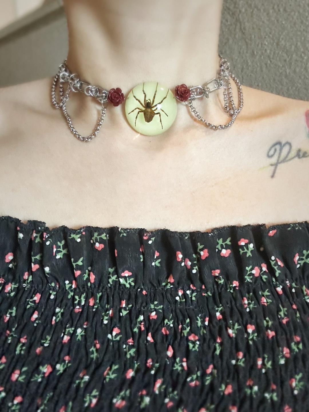 Real Spider Stainless Steel Choker Necklace With Red Rose, Gothic Real ...