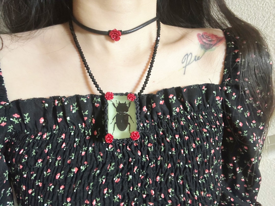 Real Stag Beetle With Red Flower Choker Necklace Set, Gothic Insect ...