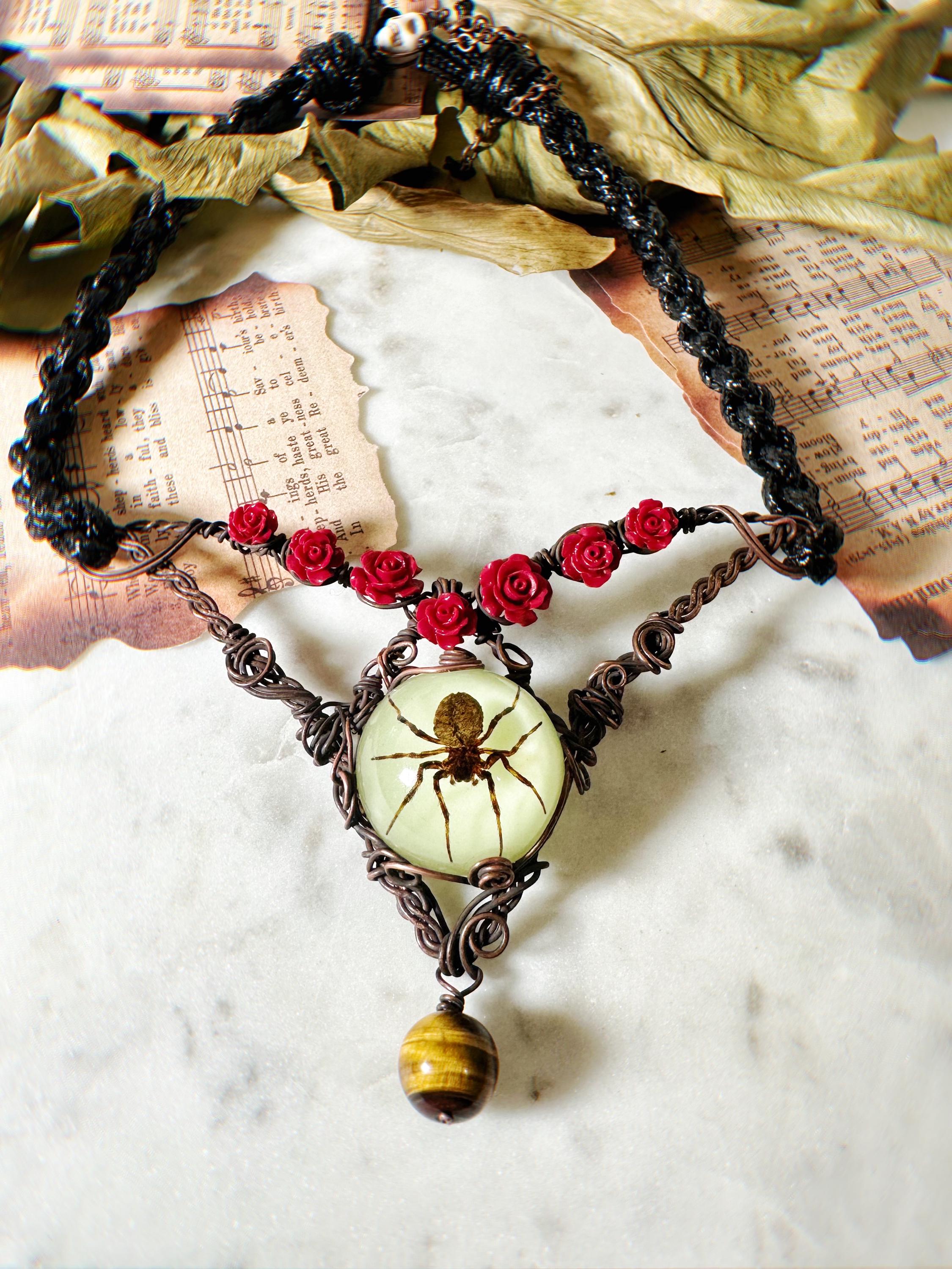 Real Spider Wire Wrapped Choker Necklace With Red Rose Flower and Tiger ...