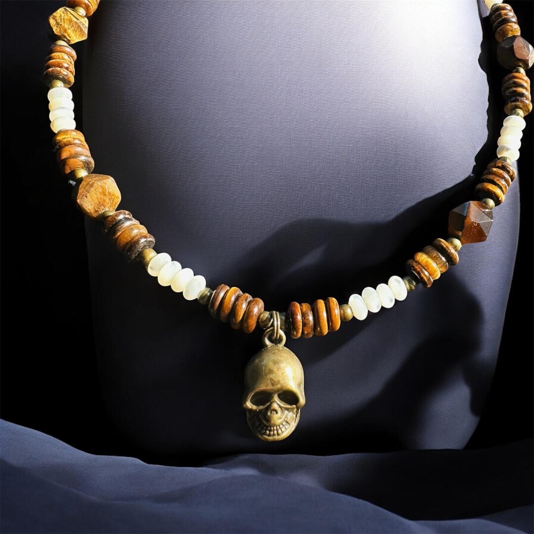 Bronze Skull Necklace, Tiger Eye & Shell Beaded Choker, Gothic Boho ...