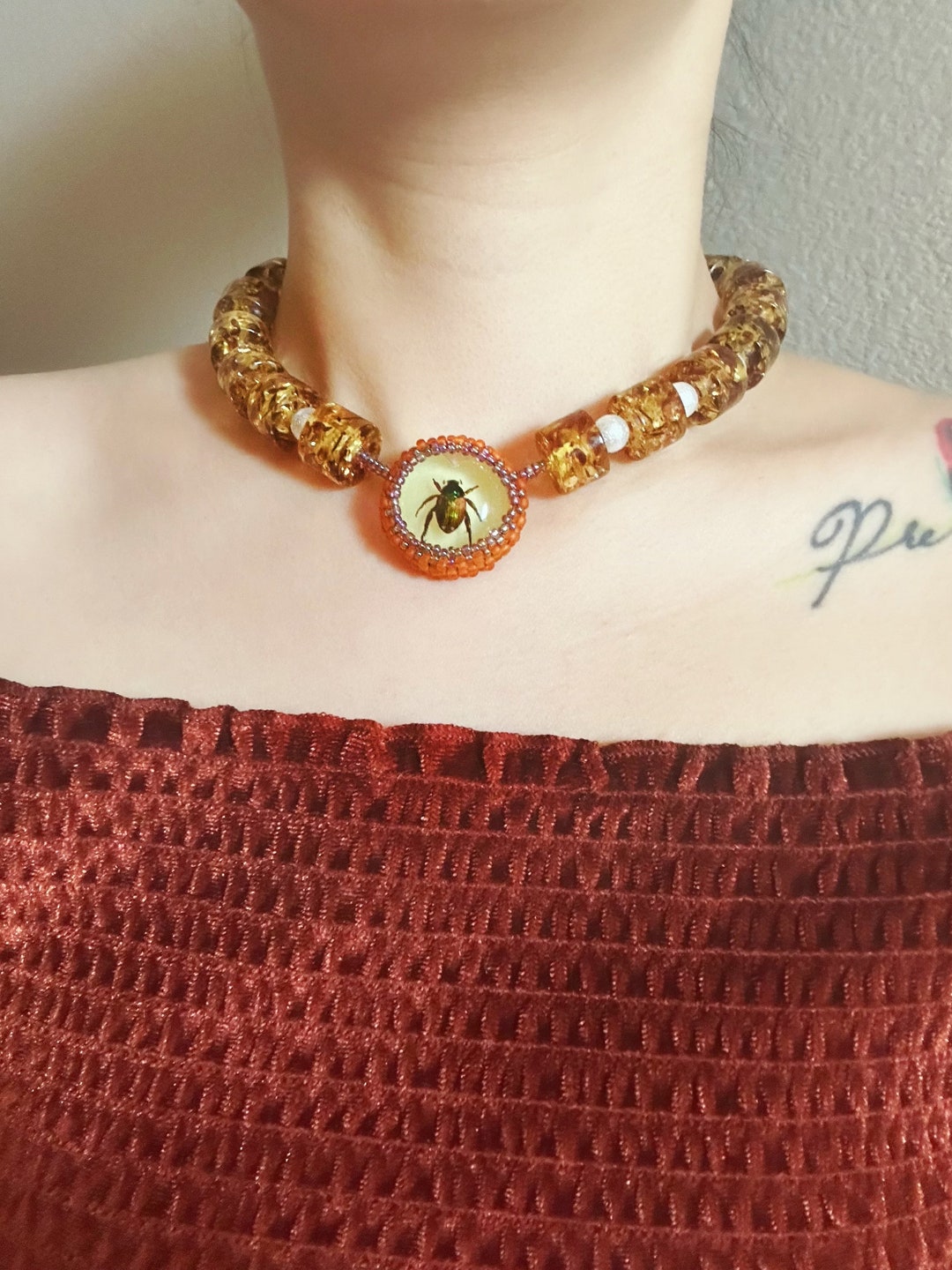 Real Leaf Beetle Retro Choker Necklace, Gothic Hobo Jewelry, Glow in ...