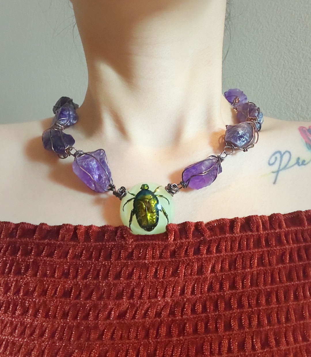 Real Green Chafer Beetle With Raw Amethyst Choker Necklace, Retro ...