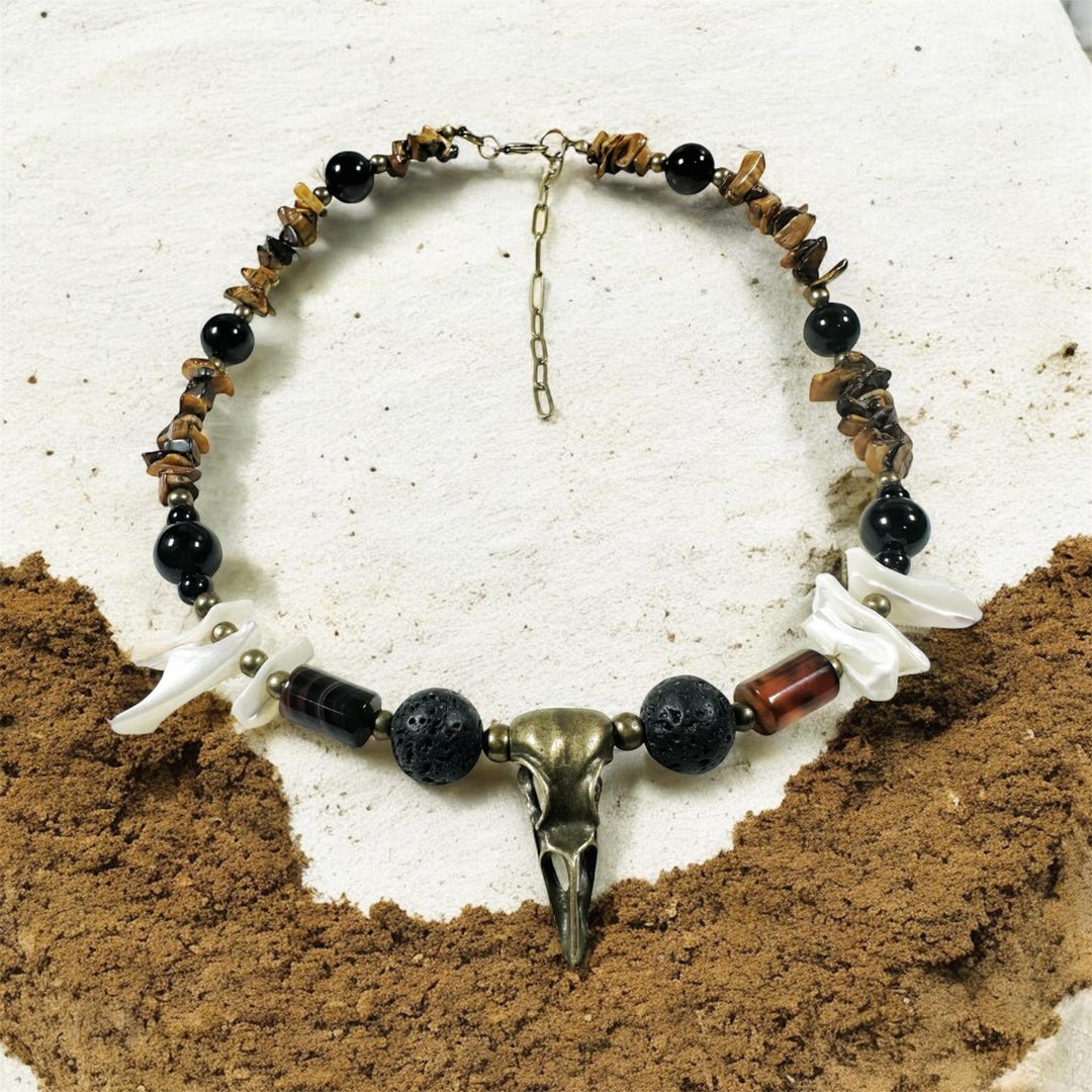 Raven Skull Pendant Necklace With Gemstone Beads, Tribal Boho Punk ...